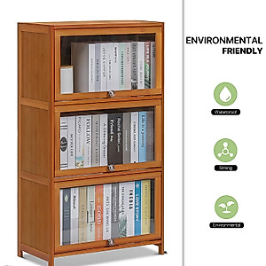 Magshion Bamboo 3-Tier Display Case Bookcase with Clear Acrylic Flip-Up Doors, Brown Kitchen Cabinet Storage Pantry Cabinet Showcase Storage Cabinet Organizer - 23.2" L x 12.6" W x 41.7" H