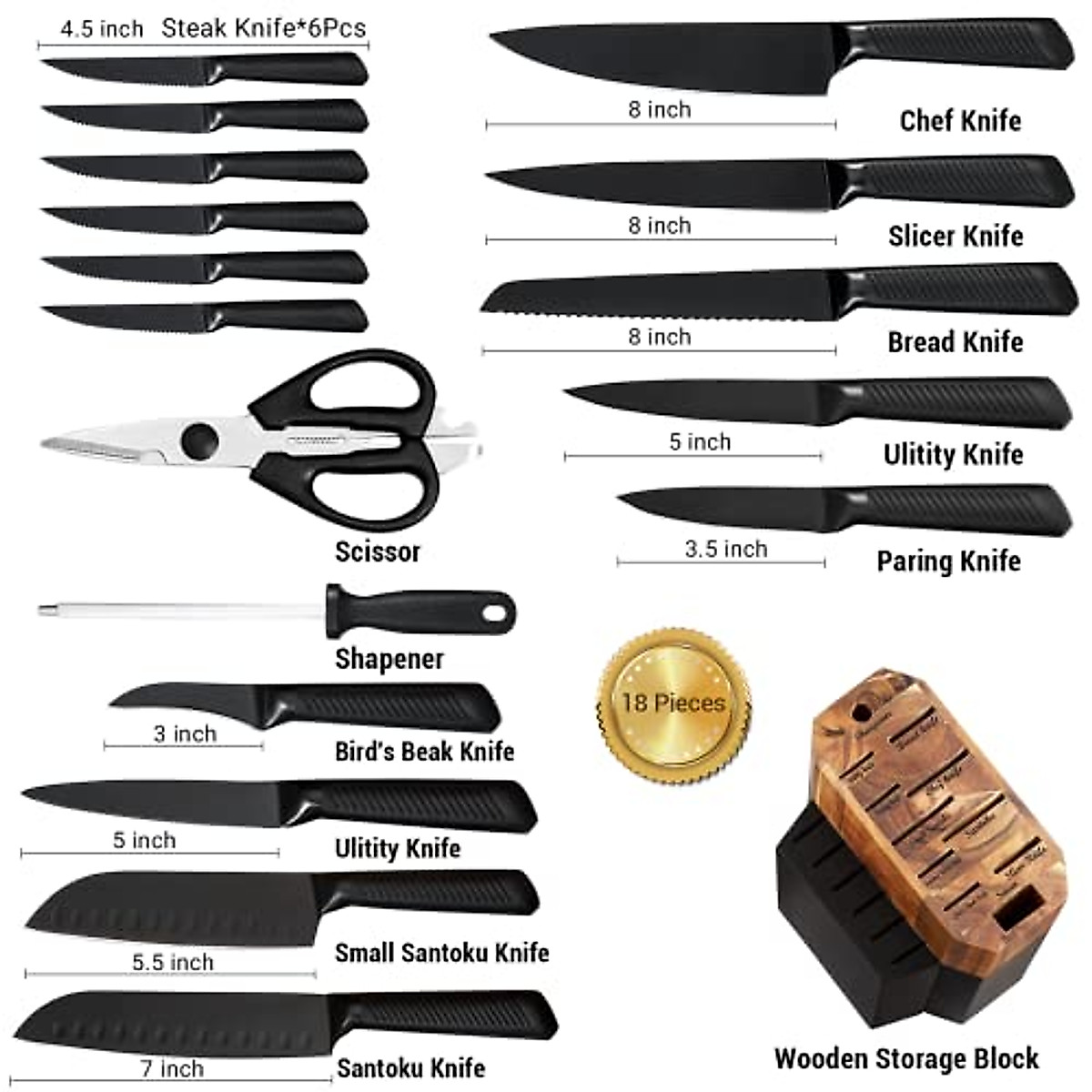 Knife Set,18 Pieces Kitchen Knife Set with Wooden Block,High Carbon German Stainless Steel Knife Block Set,Ultra Sharp, Full-Tang Design with Black Coating