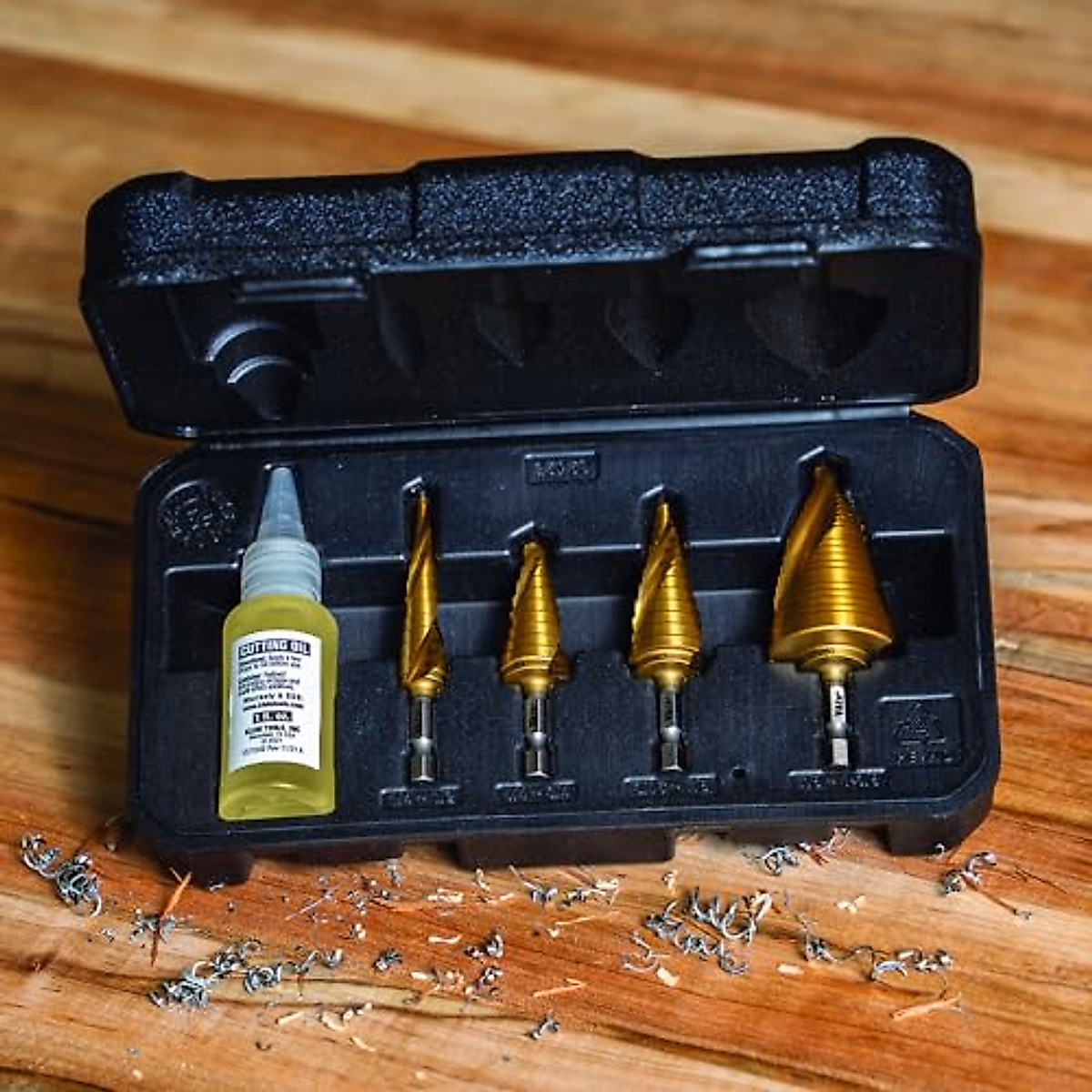 Klein Tools 25950 Step Drill Bit Set, Spiral Double Fluted, Titanium Nitride Coating, 1/4-Inch Impact Shank, Rugged Case, 4-Piece