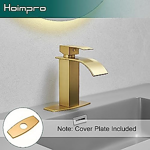 Hoimpro Brushed Gold Waterfall Spout Single Hole Bathroom Faucet, Stainless Steel Single Lever Bathroom Vanity Sink Faucet with Drain, cUPC Hose and Deck Plate