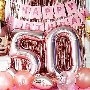 50th Birthday Decorations Women Rose Gold 50 Party Supplies Foil Fringe Curtains,Plates,Napkins,Tablecloth,Forks,Happy Birthday Banner,50th Sash,Cake&Cupcake Toppers,Latex&Foil Balloons