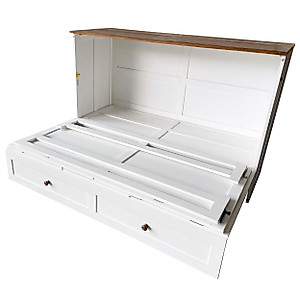 Harper & Bright Designs Full Size Murphy Bed, Solid Pine Murphy Bed Chest with Charging Station and Large Storage Drawer for Home Office or Small Room, White+Walnut