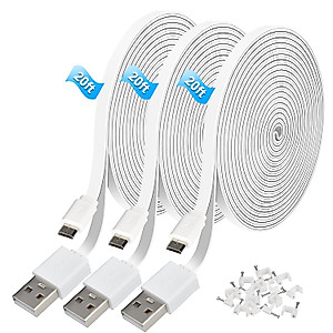 3Pack 20FT Power Extension Cable Compatible with Wyze Cam V3, Wyze Cam Pan, Yi Camera,NestCam Indoor,Blink,Amazon Cloud Camera,USB to Micro USB Charging Cord for Home Security Camera (White, 3pack)