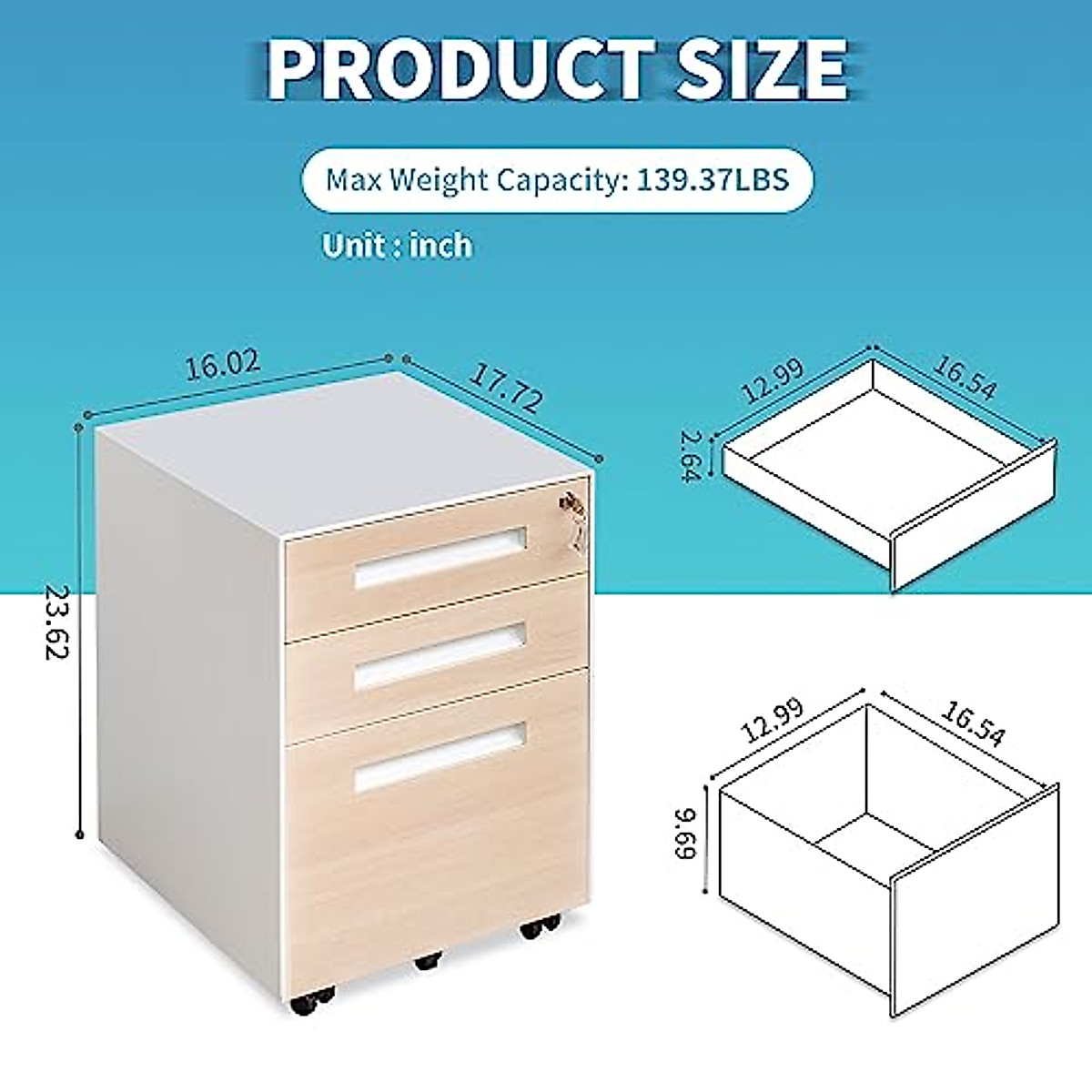 Steel Lateral Filing Cabinet with Lock, File Cabinet for Office Home Metal Storage File Cabinet 3 Drawer Under Desk Metal Organizer (Cherry+White)