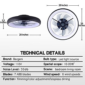 Femony Ceiling Fans with Light,20" Dimmable Modern Ceiling Fans with Lights and Remote,3 Light Color Change/6-Speed/Timing Setting,Flush Mount Ceiling Fan for Bedroom,Matte Black Finish