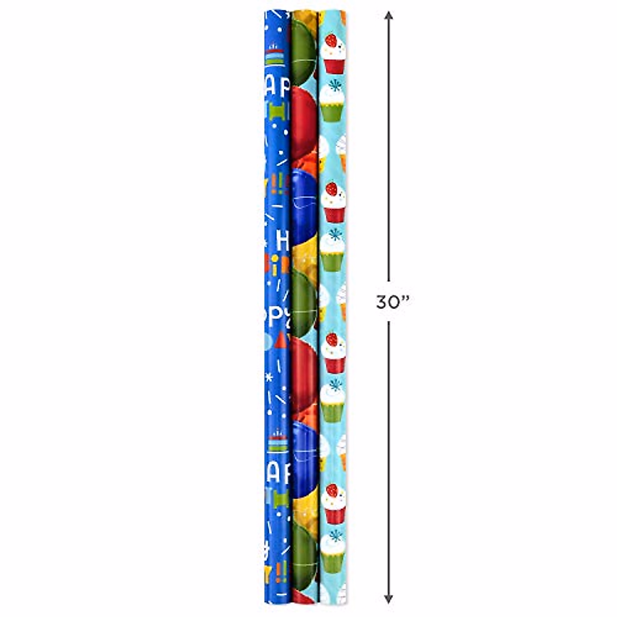 Hallmark All Occasion Reversible Wrapping Paper (3 Rolls: 75 sq. ft. ttl) Colorful Balloons, Stars on Orange, Cupcakes, Blue Stripes, Solid Red for Kids Birthdays, Graduations, Celebrations