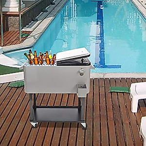 SSLine Portable Rolling Patio Cooler Ice Chest with Wheels Outdoor Cold Drink Beverage Bar Cart with Storage Shelf & Bottle Opener Home Deck Backyard Party Cooler Tub Trolley Cart -Grey