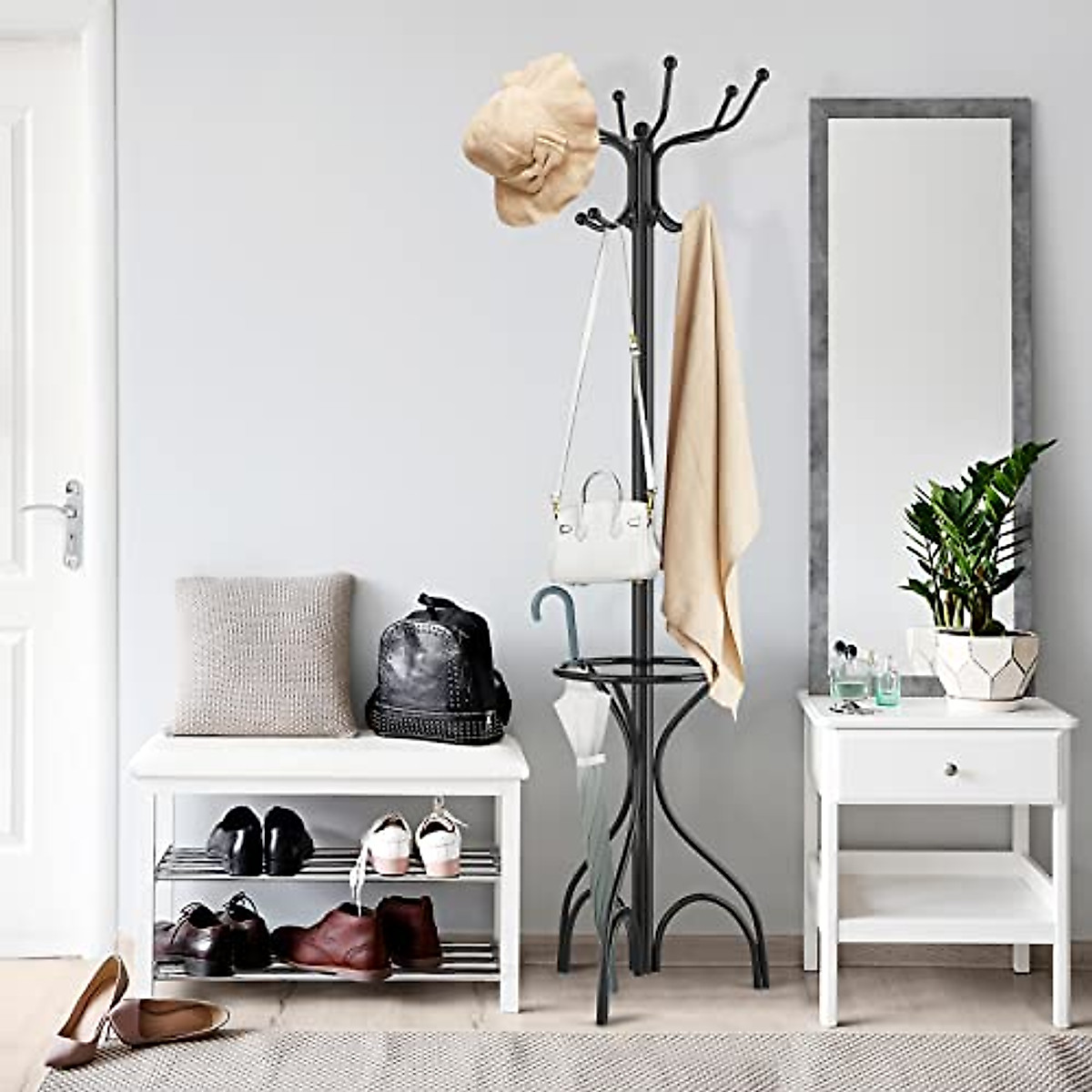Tangkula Coat Rack Freestanding, 75 Inch Heavy Duty Metal Coat Hanger Stand with Umbrella Holder, Entryway Hat Jacket Hanger with 12 Hooks for Scarf Crutch Bag Coat, Standing Coat Tree Rack(Black 003)