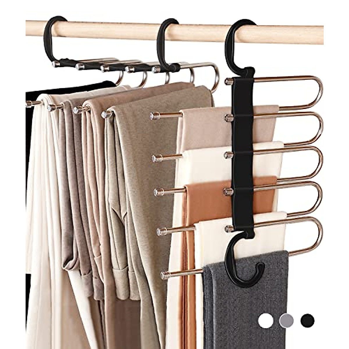 AIR&TREE 4 Pack Pants Hangers Space Saving,Anti-Rust Pants Organizer,Durable and Sturdy Installed Hangers for Pants Scarf Jeans Slack Trousers Ties Towels in Closet,5 in 1(Black)