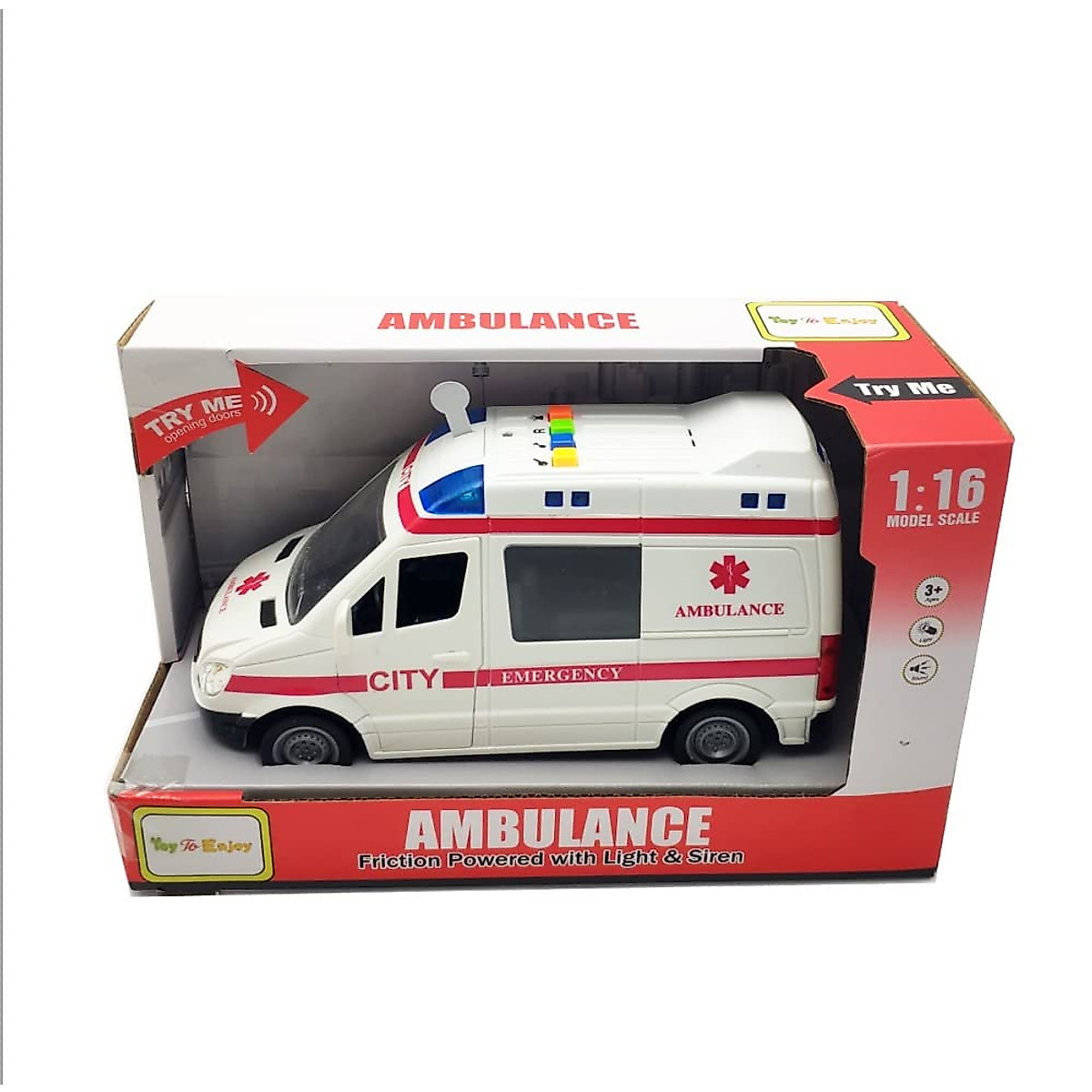 Toy To Enjoy Ambulance Toy Car with Light & Siren Sound Effects - Friction Powered Wheels & LED Lights - Medical Transport Emergency Vehicle, Heavy Duty Plastic Rescue Vehicle Toy for Kids & Children