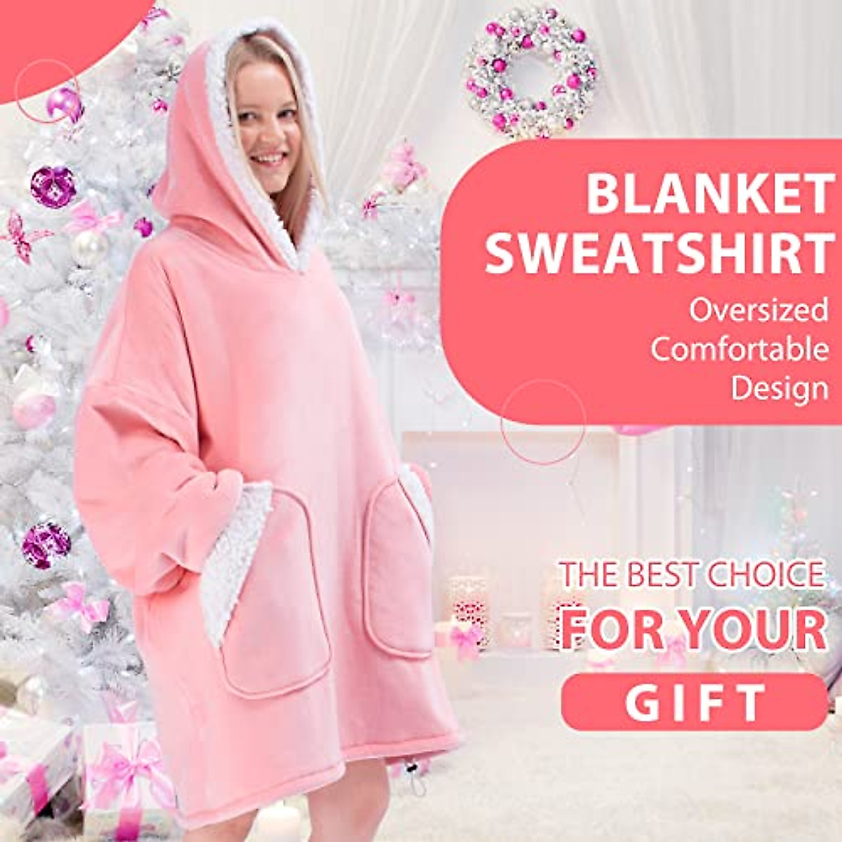 Comore Blanket Hoodie-Oversized Wearable Blanket Sweatshirt Cozy Warm Soft Sherpa with Giant Patch Pockets for Women Kids Men Adults Pink
