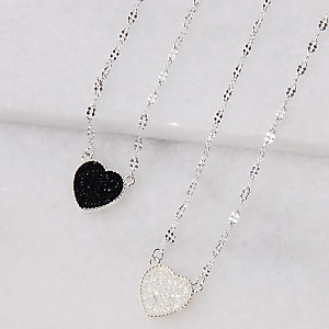 Humble Chic NY Black Heart Necklace, Silver Tone - Women's Preppy Black Necklace, Simulated Druzy Chain, Black Pendant