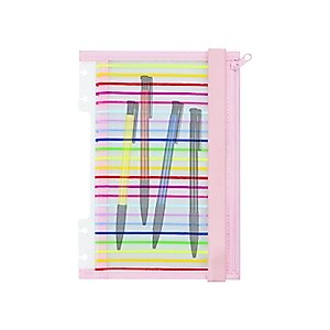 Chris.W Discbound Notebook Elastic Band Pen Holder, Junior Size Disc Bound Planner Cover Mesh Pencil Case Bag, Zipper Pouch for Pens Cards Stickers School Supplies (5.5inx8.5in, Pink with Stripe)
