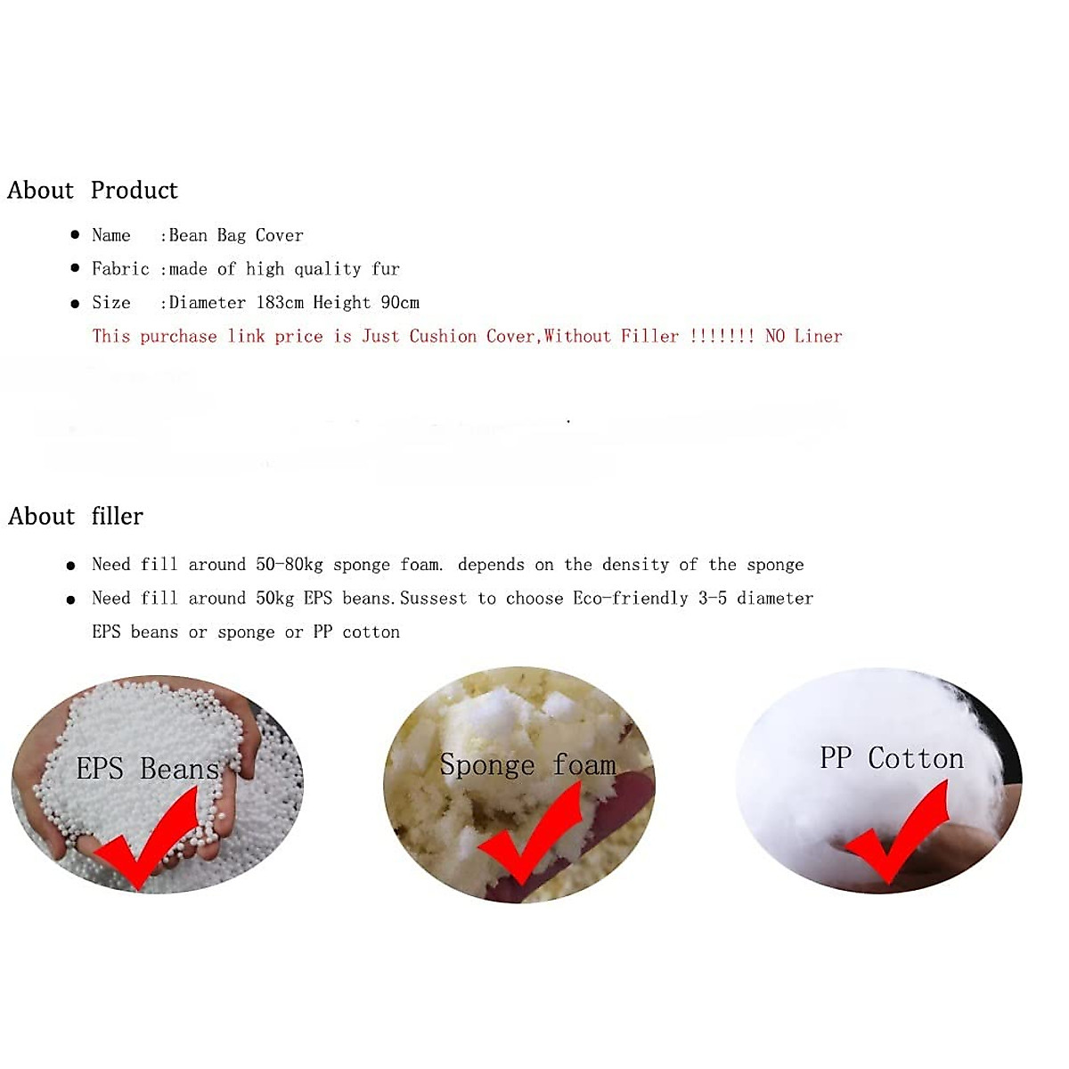 cjc Giant Fur Bean Bag Chair Cover for Kids Adults, (No Filler) Living Room Furniture Big Round Soft Fluffy Faux Fur Beanbag Lazy Sofa Bed Cover,Snow White,6FT 150 * 75cm