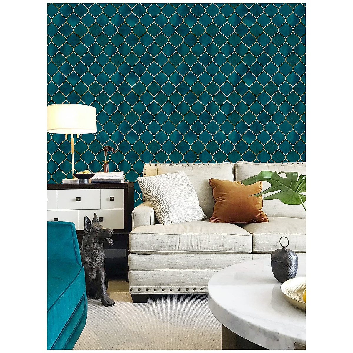 HAOKHOME 96034 Peel and Stick Wallpaper Graphic Trellis Emerald/Sapphire Blue/Gold Removable contactpaper for Home Bathroom Decorations 17.7in x 9.8ft