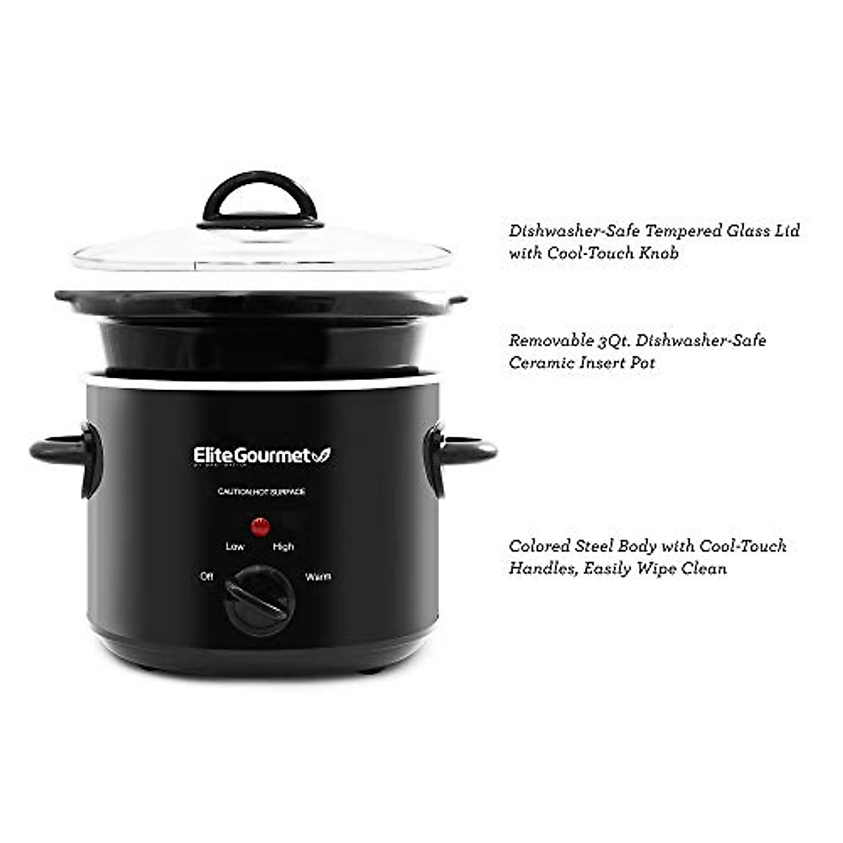 Elite Gourmet MST-350B# Electric Slow Cooker, Adjustable Temp, Entrees, Sauces, Stews & Dips, Dishwasher Safe Glass Lid & Crock (3 Quart, Black)
