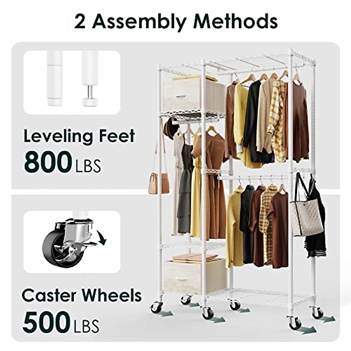 Memobarco Clothes-Rack, Metal Clothing-Rack, Heavy Duty Rolling Garment Rack with 4 Tiers Wire Shelving, 3 Hanging Rods & 2 Storage Drawers, Freestanding Portable Closet Wardrobe, White
