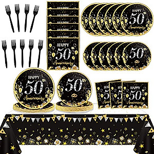 24 Guests 50th Wedding Anniversary Party Supplies, Gold Black Tablecloth Plates Napkins Forks Set for 50th Wedding Anniversary Party, Disposable Tableware Decorations Party Decorations Favors