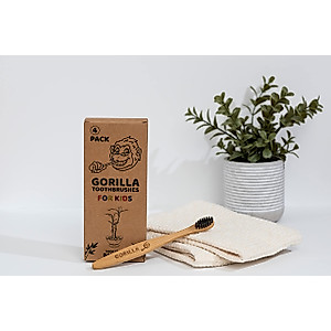 Kid's 4 Pack - Gorilla Bamboo Toothbrush Soft Natural Bristle for Sensitive Gums - Eco Friendly Recyclable Biodegradable Sustainable Products Helping to Save The Planet - One Toothbrush at a Time