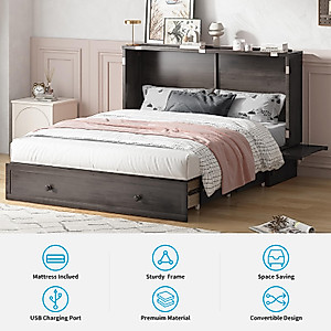 Mjkone Murphy Bed Chest, Cabinet Bed with Trifold Foam Mattress, Queen Murphy Cube Cabinet Bed with USB Charging Station and Large Storage Drawers for Living Room/Bedroom/Office (Grey)