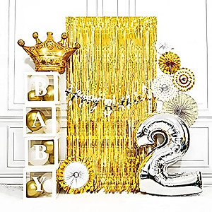 BRAVESHINE Gold Glitter Tinsel Foil Fringe Curtains - 2Pcs 3.2x8.2ft Holiday Photo Backdrop for Birthday Graduation Wedding Bridal Bachelorette Baby Shower Tropical Hawaiian Luau Party Decorations