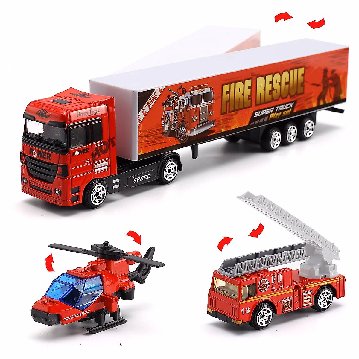 19 Pcs Fire Truck with Firefighter Toy Set, Mini Die-cast Fire Engine Car in Carrier Truck, Mini Rescue Emergency Double Side Transport Vehicle for Kid Child Boy Girl Birthday Christmas Party Favors