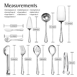 Teivio 15PCS Stainless Steel Large Serving Utensils - Serving Spoons/Forks/Tongs,Slotted Spoons,Soup Ladles,Butter Knife,Sugar Spoon,Cake Server,Lasagna Server(Spatula),for Buffet/Chafing Dish,Silver