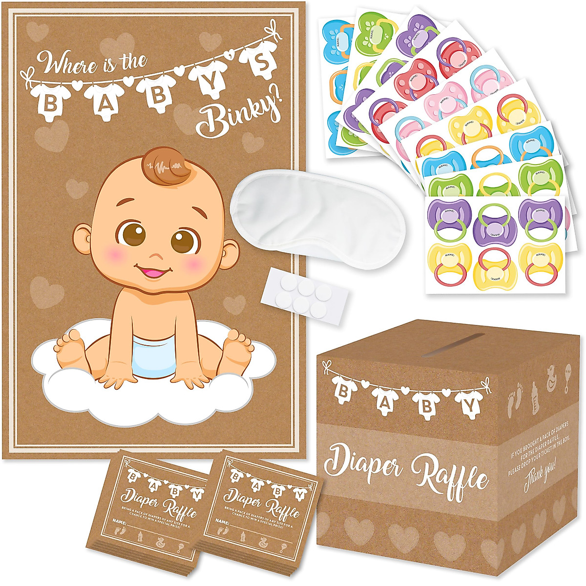 Party Hearty 2 Baby Shower Games, Pin The Pacifier on The Baby Game and 50 Pcs Diaper Raffle Tickets with Box, Bring a Pack of Diapers to Win, Pin The Binky on The Baby