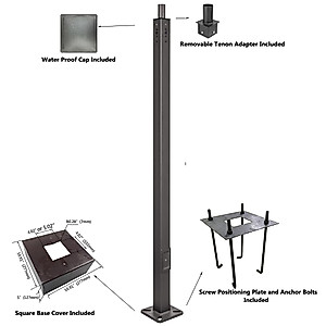 CHIUER 15FT 4'' Straight Square Steel Light Pole with Removable Round Top Adapter and All Accessaries Including Anchor Bolts Top Cover Bronze Fnish (15FT - 4'')