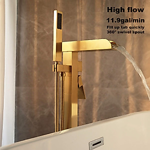 LLGG Freestanding Bathtub Faucet Tub Filler Brushed Gold Waterfall High Flow Rate 11.9GAL Floor Mounted Bathroom Mount Faucets with Hand Shower LLGG