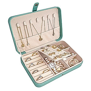 Small Travel Jewelry Organizer Case for Rings, Earrings, Necklaces, Bracelets, and Bangles - PU Leather Portable Storage Box Display Holder for Women and Men (Cyan Blue)
