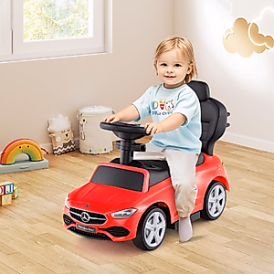 Costzon Push Car for Toddlers, 3 in 1 Mercedes Benz Stroller Sliding Walking Car w/Canopy, Handle, Safety Bar, Cup Holder, Music, Underneath Storage, Foot-to-Floor Ride On Toy for Boys & Girls, Red