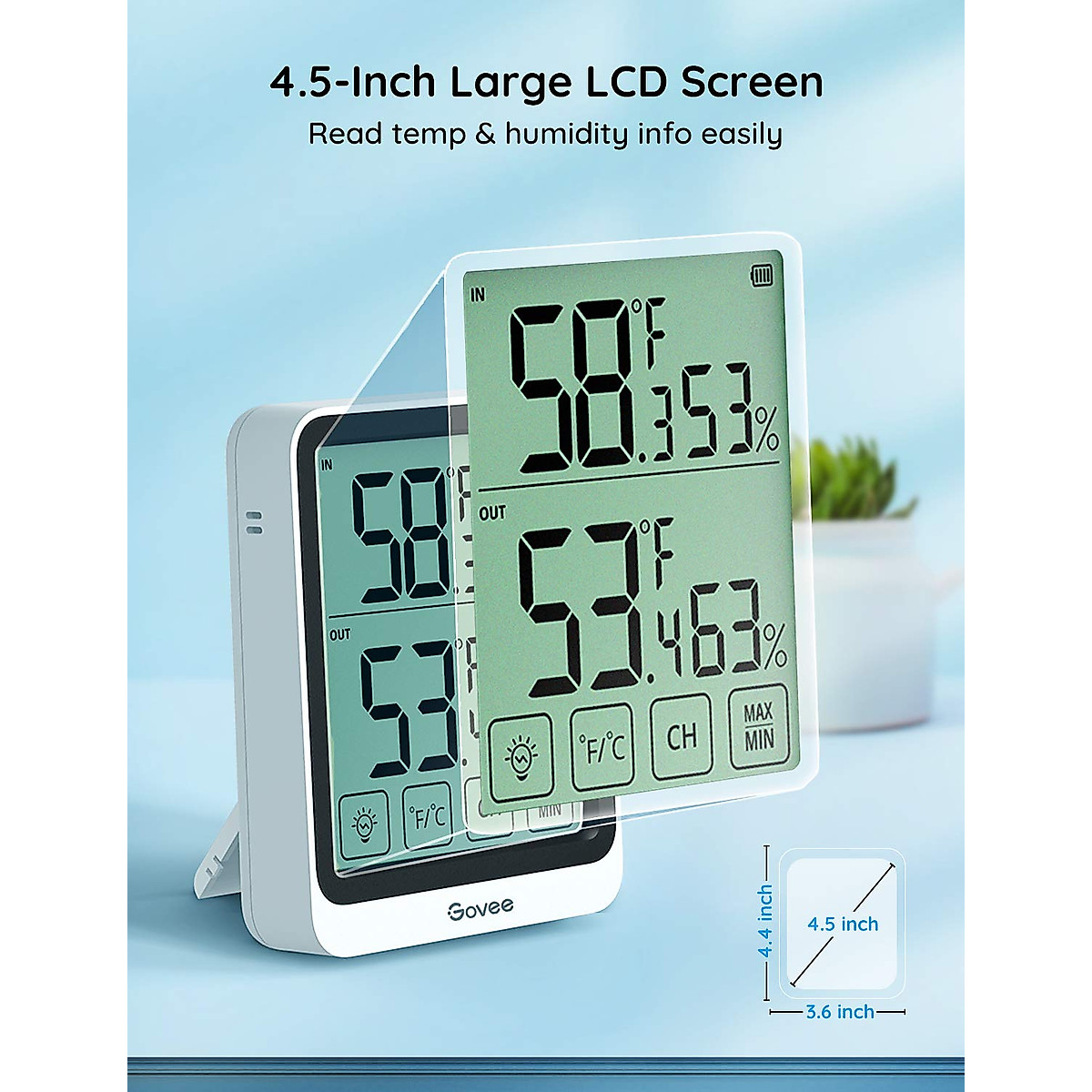Govee Bluetooth Indoor Outdoor Thermometer, Digital Wireless Weather Hygrometer Humidity with App Notifications, 4.5-Inch Large LCD Touchscreen with Backlight, 2-Year Data Storage