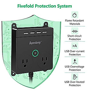 SUPERDANNY Power Strip with USB, 2 Widely Spaced Outlets & 4 USB Ports Desktop Charging Station Wall Mountable Flat Plug Extender with 5ft Extension Cord and Switch for Home Office Nightstand, Black