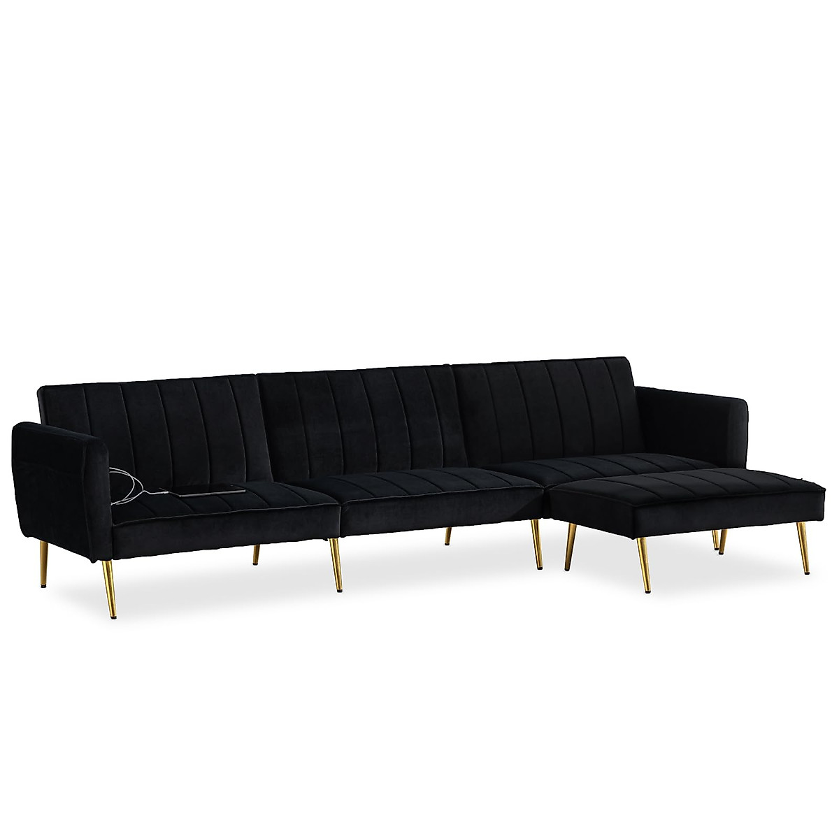 TTGIEET 105" Velvet Sofa Couch with Chaise, L Shape Futon Sofa Couch with USB, 4-Seat Sleeper Sofa Bed for Living Room (Black)