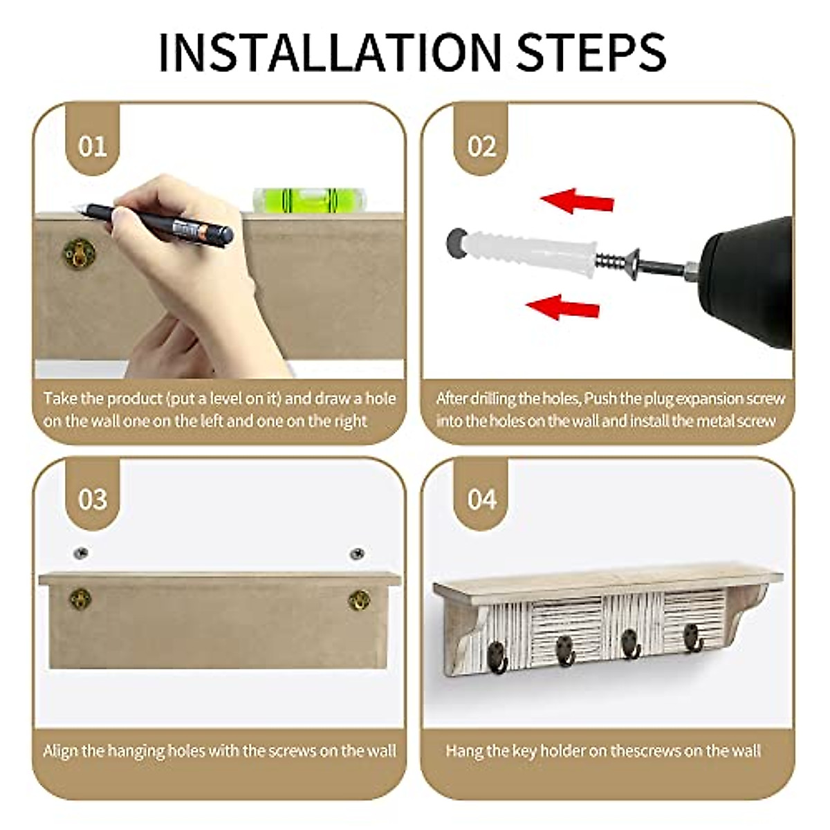 ZONECYTD Rustic 17" Small Wood Farmhouse Entryway Hat Floating Wall Shelves Mounted Shelf, Hanging Purse Bag Backpack Shelves for Wall Decor with Hooks for Kitchen Bedroom Bathroom, White