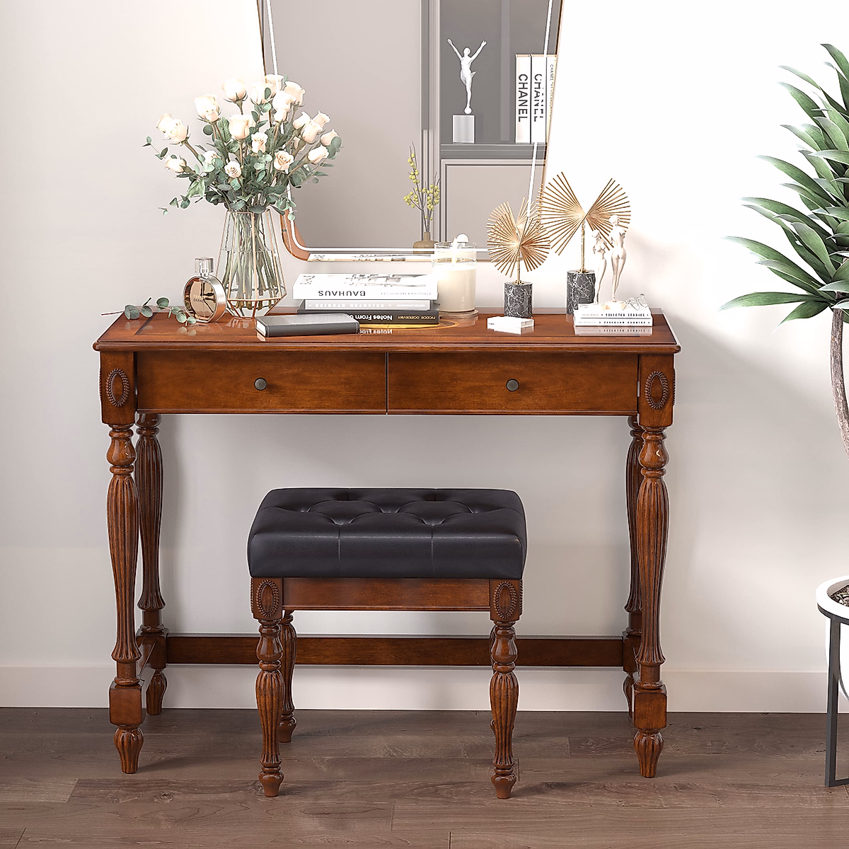 MODERION Solid Wood Computer Desk with 2 Drawers, Traditional Vanity Dressing Table, 46” Home Office Writing Desk, Workstation Easy Assembly Cherry Red Walnut BSZ1533WD