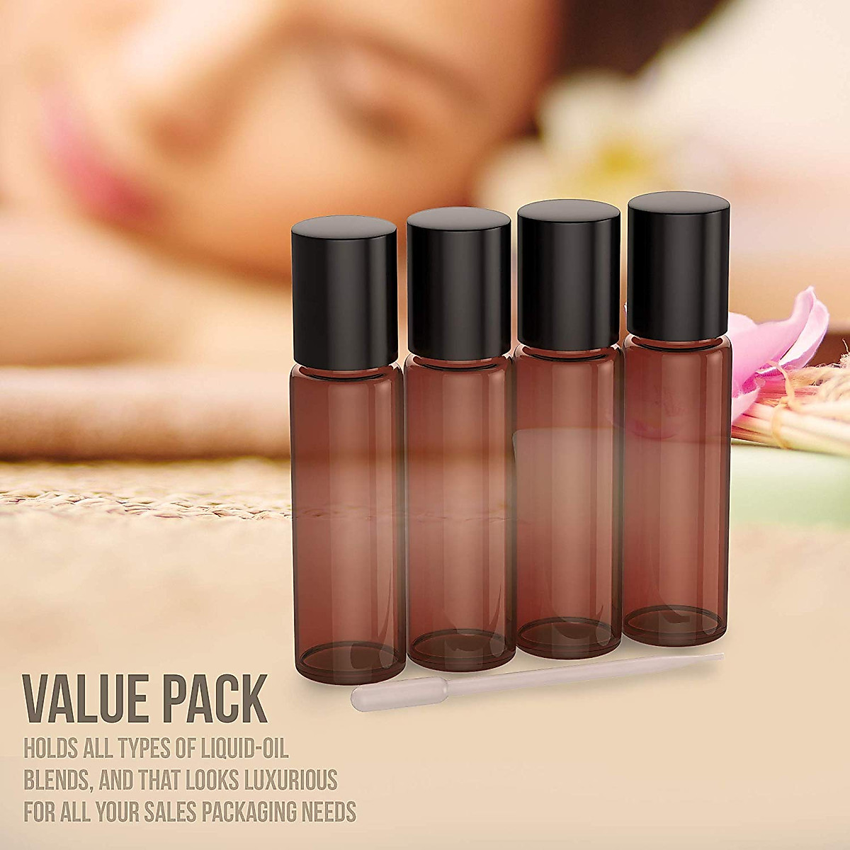 Nylea 8 Pack - Essential Oil Roller Bottles [Metal Chrome Roller Ball] FREE Plastic Pippette Refillable Glass Color Roll On for Fragrance Essential Oil - 10 ml 1/3 oz (Amber)