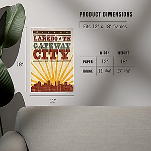 Laredo, Texas, Skyline and Sunburst Screenprint Style (12x18 Art Print, Travel Poster Wall Decor)