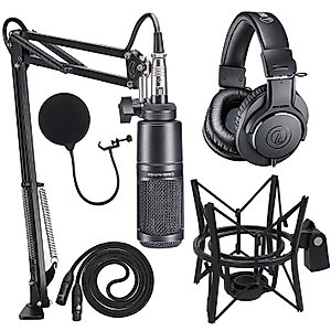 Audio Technica AT2020PK Studio Microphone with ATH-M20x, Boom - XLR Cable Streaming/Podcasting Pack and Spider Microphone Shockmount, Pop Filter