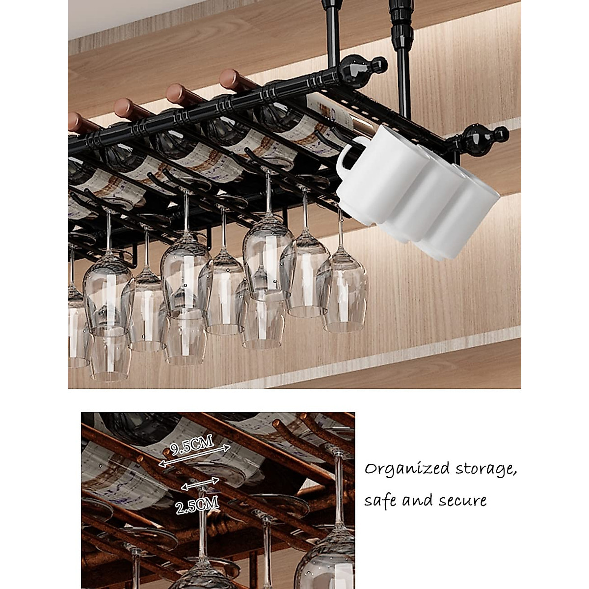 Hanging Wine Rack with Glass Holder and Shelf,Adjustable Metal Ceiling Bar Wine Glass Rack,2 in 1Industrial Wall Mounted Wine and Glass Rack,47.3” Bottle Holder Wine Shelf