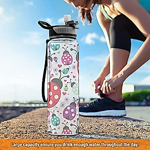 xigua Ladybug Water Bottle with Straw Lid,32 oz Leakproof Sport Water Bottle with Wide Handle for Gym,Cycling,School,Travel