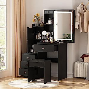 FAMAPY Vanity Mirror with Lights Desk and Chair, Vanity Desk with Sliding Lighted Mirror, Makeup Vanity with Lights, Drawers & Crystal Handles, Cushion Stool, Black