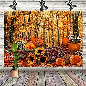 Thanksgiving Day Backdrop Birthday Autumn Maple Forest Leaves Pumpkin Friendsgiving Background Thanksgiving Party Gold Yellow DLH0D350UU 0