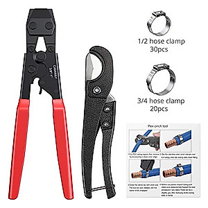 CAMWAY PEX Crimping Cinch Tool & PEX Cutter with 50PCS Ear Hose Clamps 1/2" 3/4" for Fastening Stainless Pipe Clamps from 3/8-Inch to 1-Inch