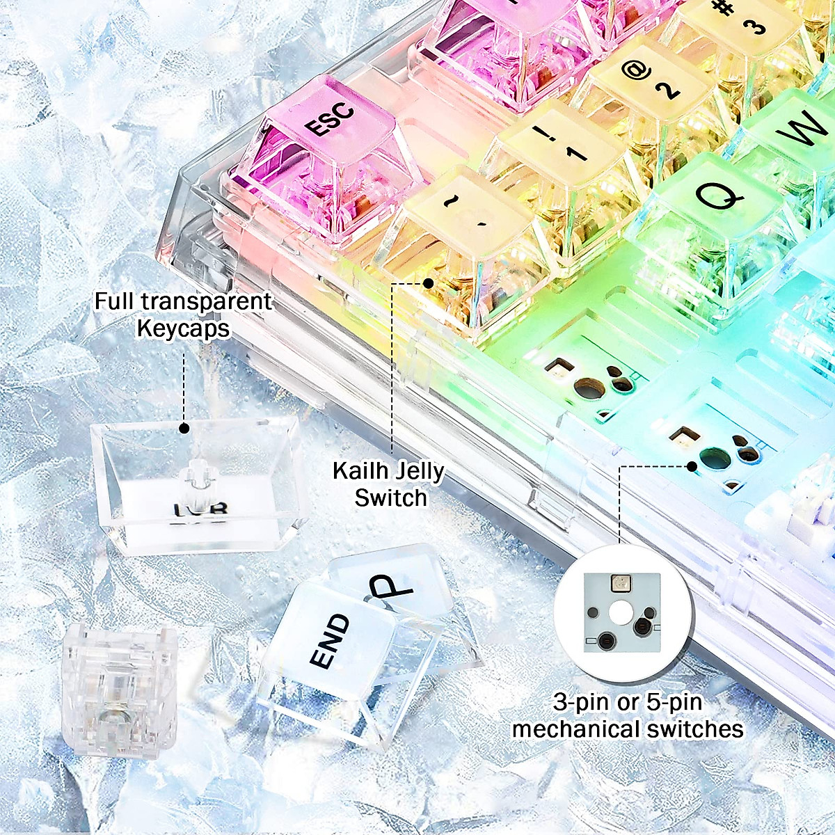 ATTACK SHARK X75 PRO PC Transparent Wireless Hot Swappable Mechanical Keyboard with 2.4G/Bluetooth/Wired Coiled Cable,Acrylic Wirst Rest,Gasket Mounted,for Windows/Mac(Kailh MX Switches)