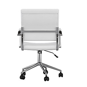 Martha Stewart Piper Swivel Task Chair with Armrests for Home Office in White Faux Leather with Polished Nickel Frame
