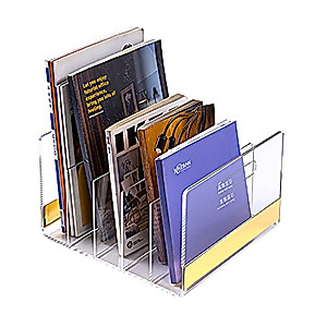 Mouchoi Acrylic Desk File Organizer, Clear File Organizer, Acrylic Magazine Holder, 5 Compartments, Gold Trim