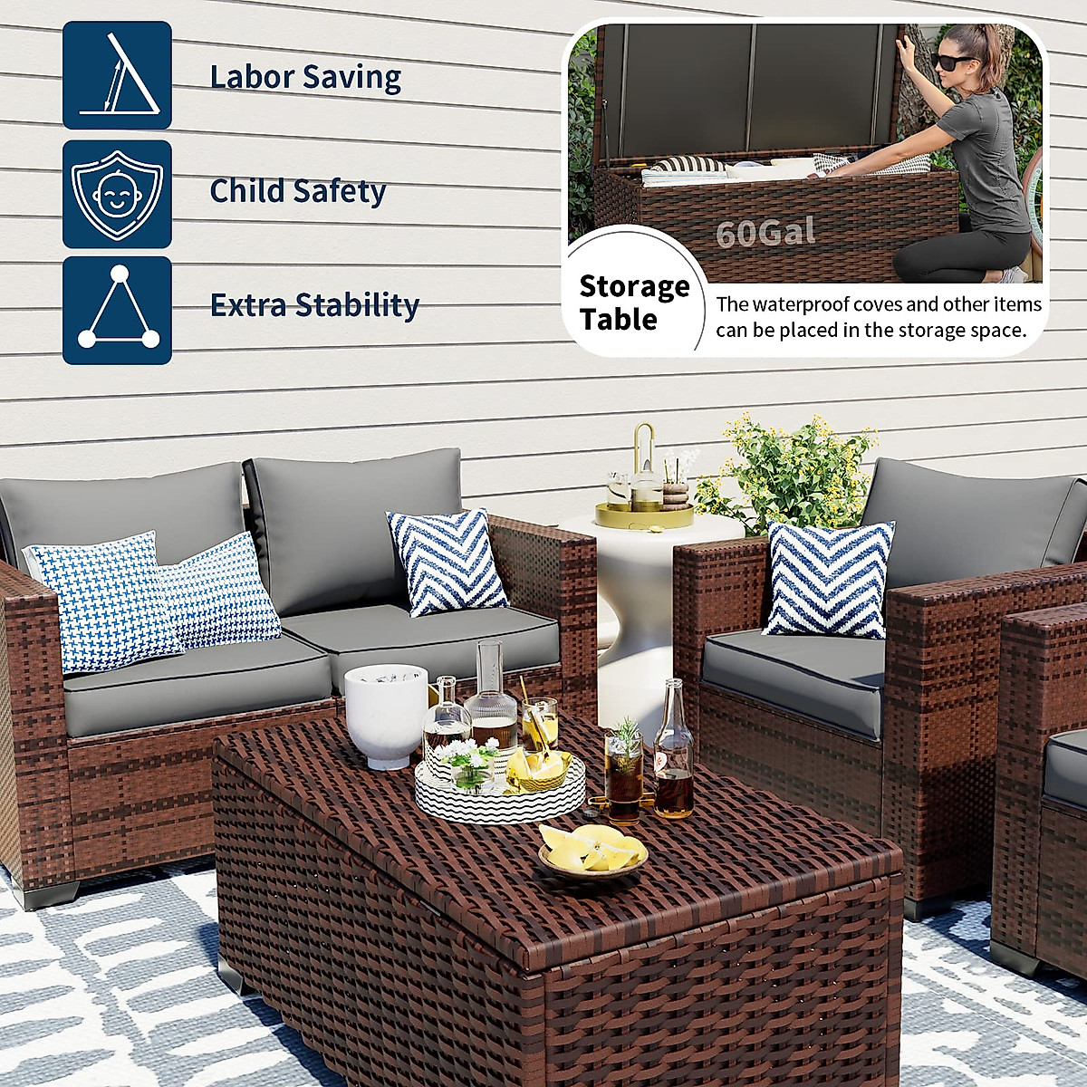 UDPATIO Outdoor Patio Furniture Set 5 Piece Wide Armrest Rattan Patio Sofa Sets w/Storage Table and Waterproof Covers for Poolside Deck Backyard, Grey