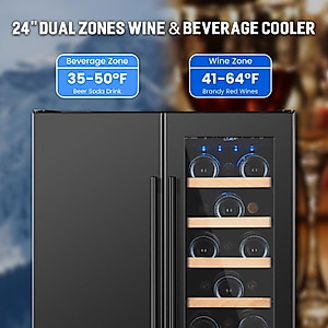 Friduo Wine and Beverage Refrigerator, 24inch Dual Zone Wine Cooler, 20Bottles 88Cans Undercounter Black Beverage Fridge for Bar Office Kitchen Drink Chiller